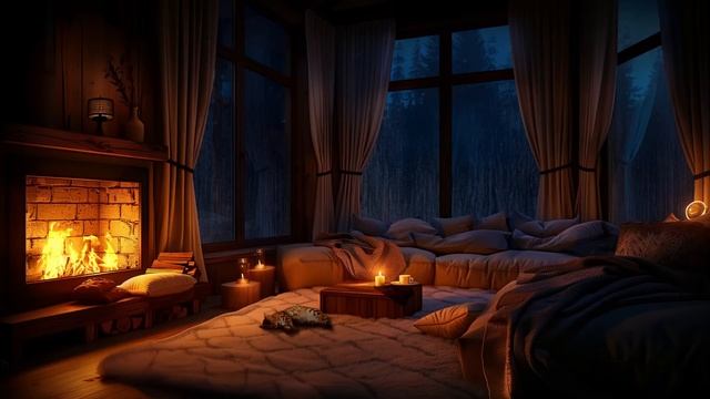 🔥 Уютный камин в дождливую ночь 🌧️ Шум дождя для сна